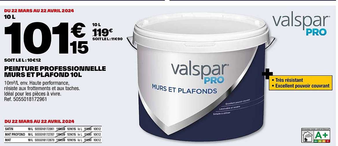 Promo Peinture Professionnelle Murs Et Plafond 10 L Valspar Pro chez ...