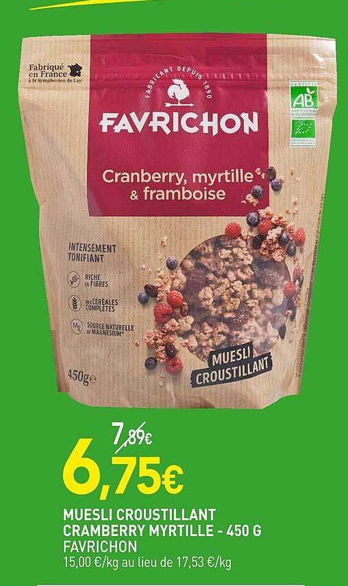 Promo Muesli Croustillant Cranberry Myrtille Favrichon - 450 G chez ...