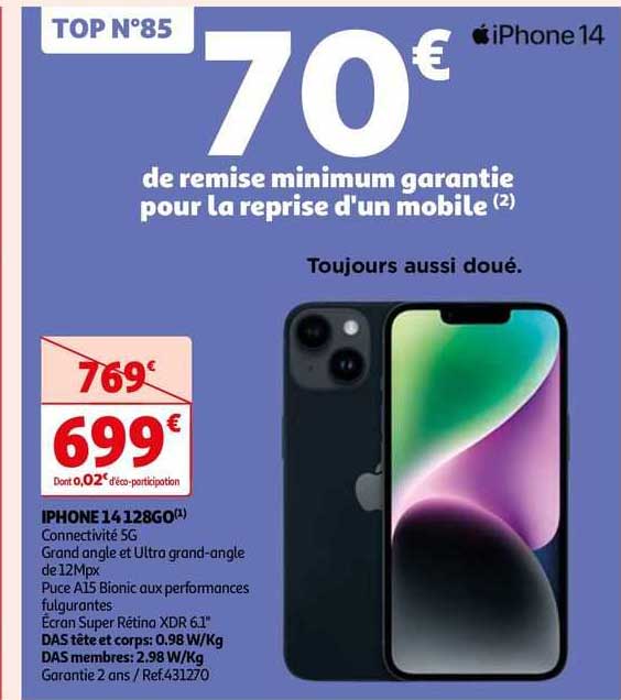 Promo Iphone 14 128go chez Auchan - iCatalogue.fr