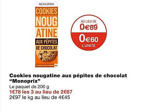 Promo Cookies Nougatine Aux Pépites De Chocolat Monoprix chez Monoprix