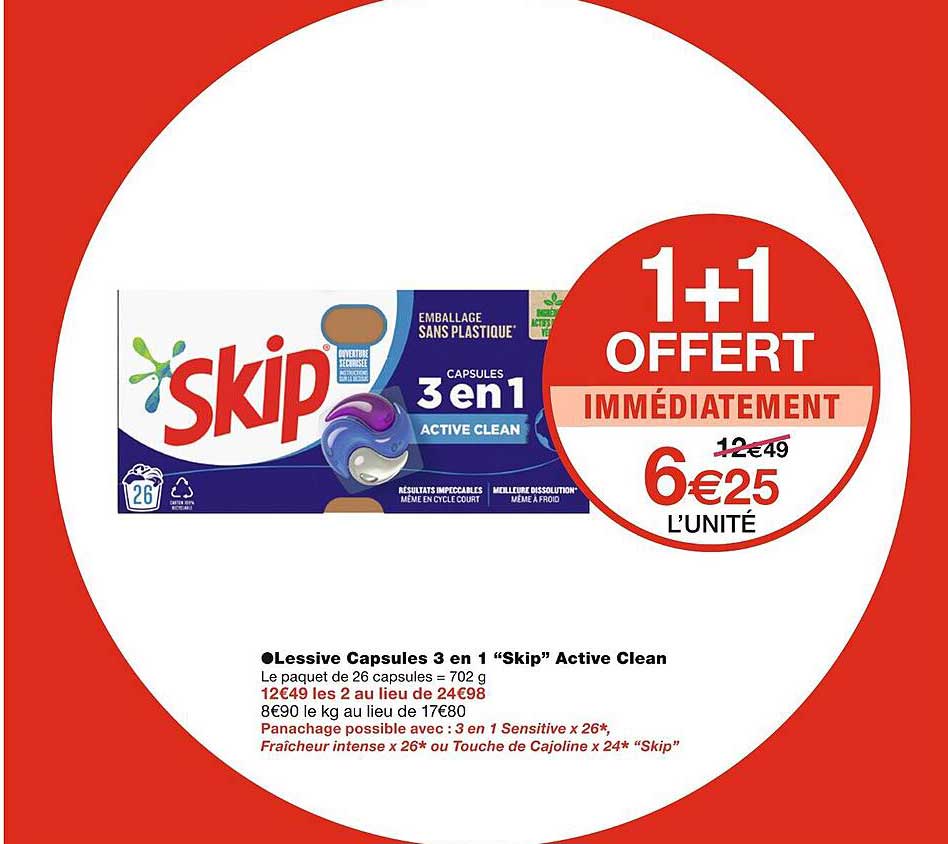 Promo Lessive Capsules 3en1 Skip Active Clean chez Monoprix - iCatalogue.fr