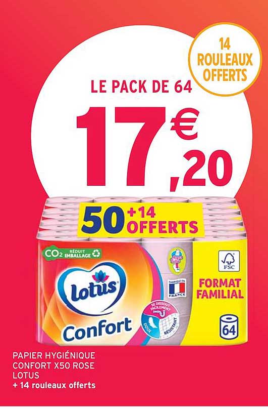 Promo Papier Hygiénique Confort X50 Rose Lotus chez Intermarché ...