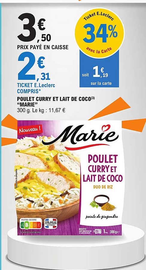Promo Poulet Curry Et Lait De Coco Marie Chez E Leclerc Icatalogue Fr