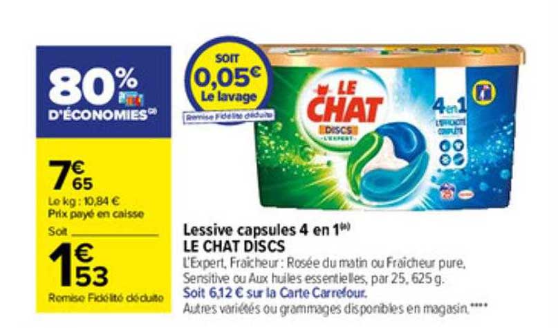 Promo Lessive Capsules 4 En 1 Le Chat Discs chez Carrefour Market ...