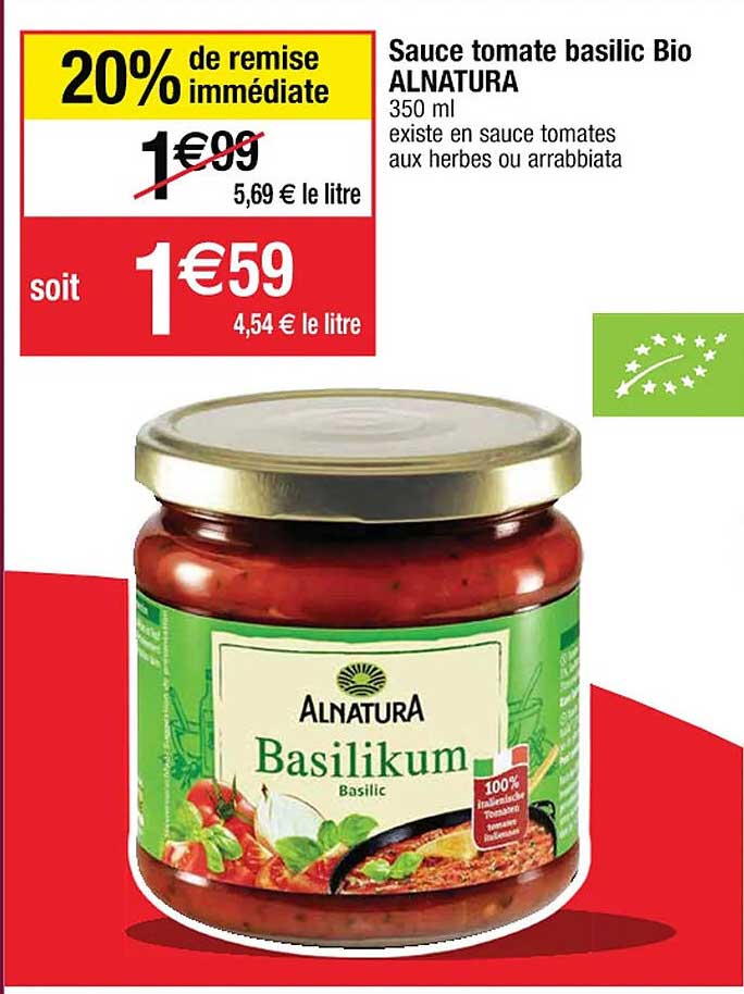 Promo Sauce Tomate Basilic Bio Alnatura 20% De Remise Immédiate chez ...