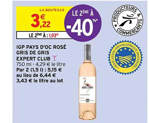 Promo Igp Pays D'oc Rosé Gris De Gris Expert Club chez Intermarché ...
