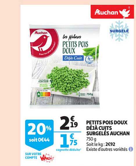 Promo Petits Pois Doux Déjà Cuit Surgelés Auchan chez Auchan ...
