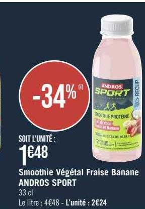Promo Smoothie Végétal Fraise Banane Andros Sport chez Géant Casino ...