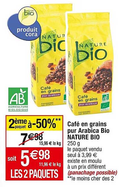 Promo Café En Grains Pur Arabica Bio Nature Bio chez Cora - iCatalogue.fr