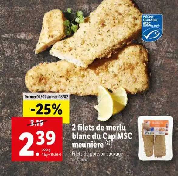 Promo 2 Filets De Merlu Blanc Du Cap Msc Meunière chez Lidl - iCatalogue.fr