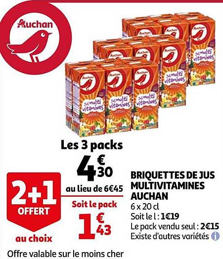 Offre Briquettes De Jus Multivitamines Auchan 2+1 Offert Au Choix chez ...