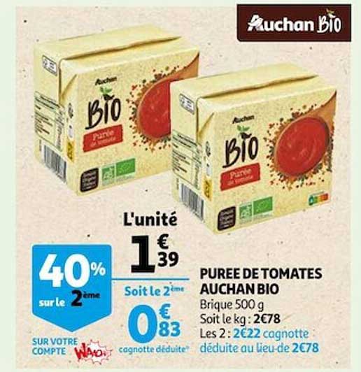 Promo Purée De Tomates Auchan Bio chez Auchan - iCatalogue.fr