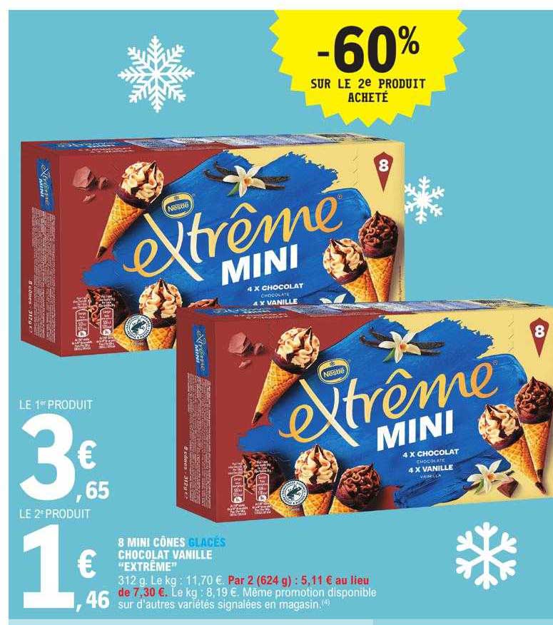 Promo 8 Mini Cônes Glacés Chocolat Vanille "extrême" chez E.Leclerc ...