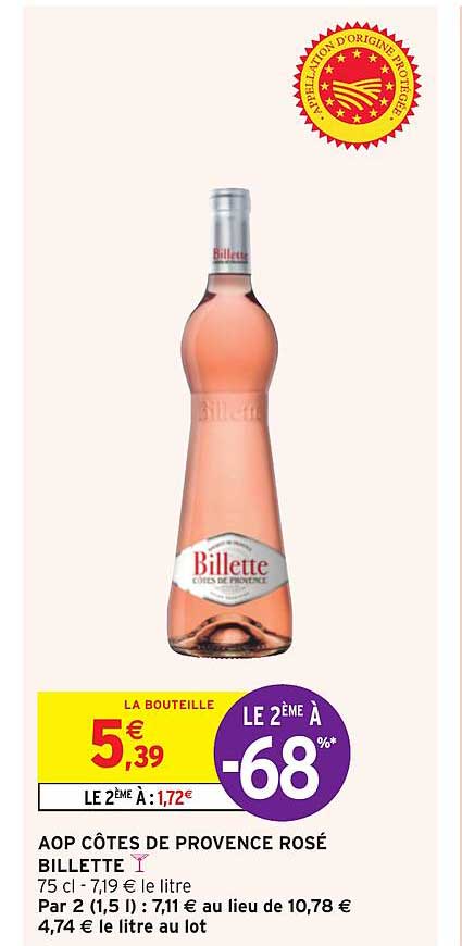Promo Billette Aop Côtes De Provence Rosé -68% Sur Le 2ème chez ...