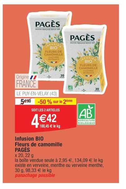 Promo Infusion Bio Fleurs De Camomille Pagès chez Migros France ...