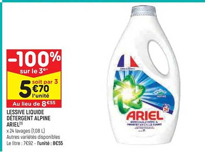 Promo Lessive Liquide Détergent Alpine Ariel chez Leader Price ...