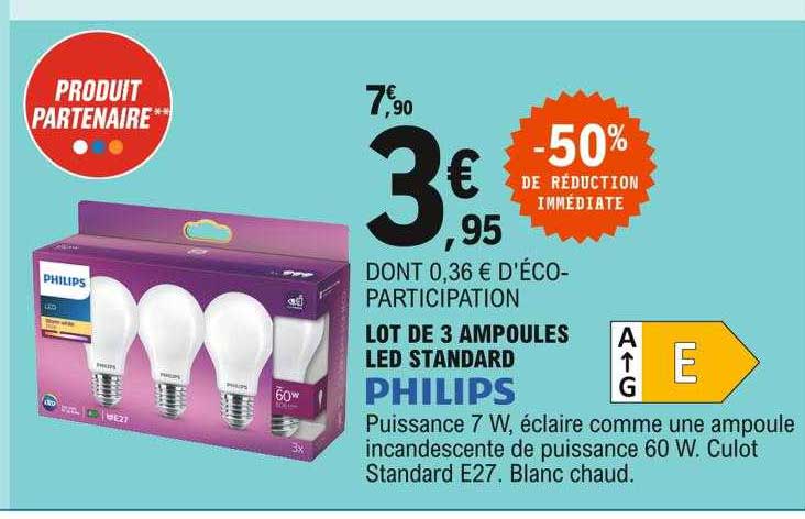 Promo Lot De 3 Ampoules Les Standard Philips chez E.Leclerc - iCatalogue.fr