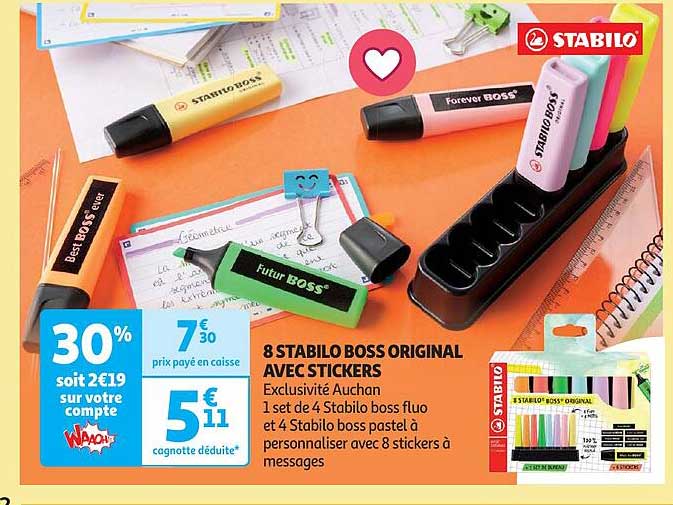 Promo 8 Stabilo Boss Original Avec Stickers chez Auchan Drive ...