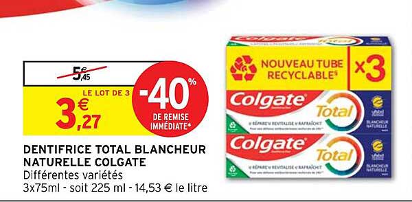 Promo Dentifrice Total Blancheur Naturelle Colgate chez Intermarché ...