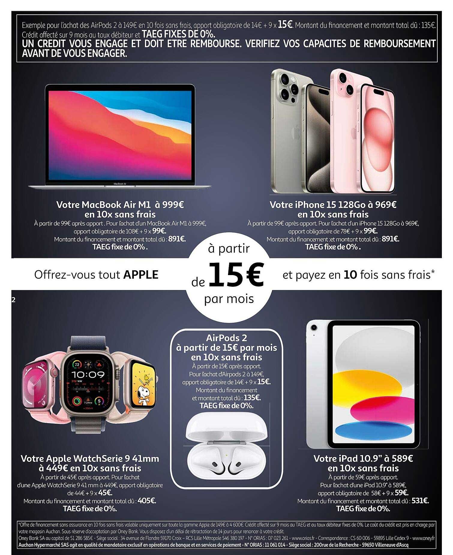 Promo MacBook Air M1, IPhone 15 128go, Apple WatchSerie 9 41mm, IPad 10.9" chez Auchan ...