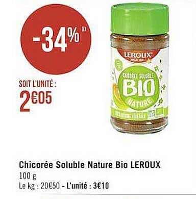 Offre Chicorée Soluble Nature Bio Leroux chez Carrefour