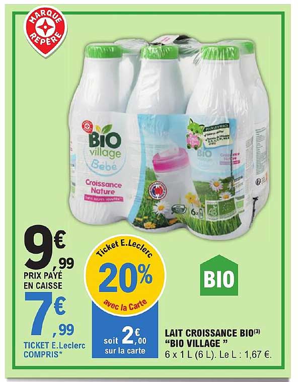 Promo Lait Croissance Bio "bio Village" chez E.Leclerc - iCatalogue.fr