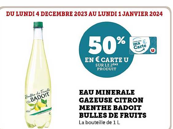 Promo Eau Minérale Gazeuse Citron Menthe Badoit Bulles De Fruits chez U ...