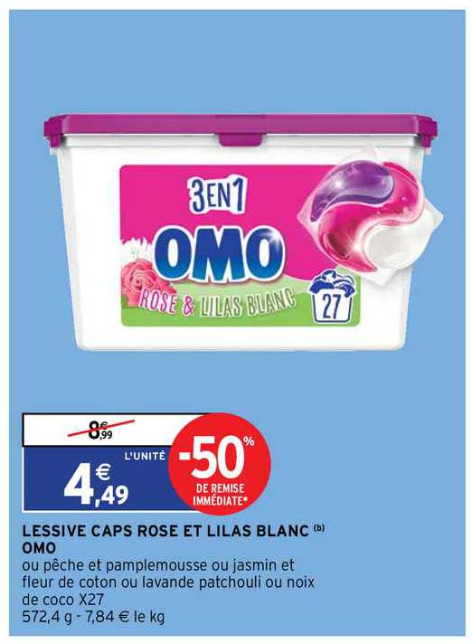 Offre Lessive Caps Rose Et Lilas Blanc Omo chez Intermarche Hyper