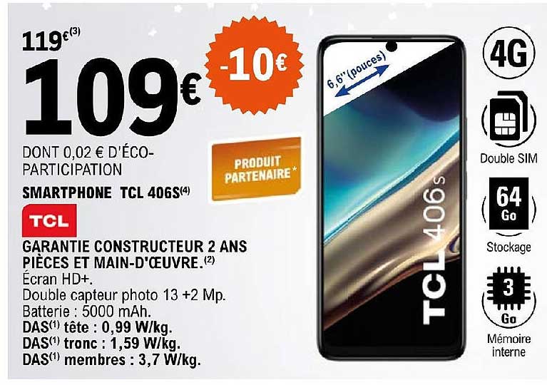 Promo Smartphone Tcl 406s chez E.Leclerc - iCatalogue.fr