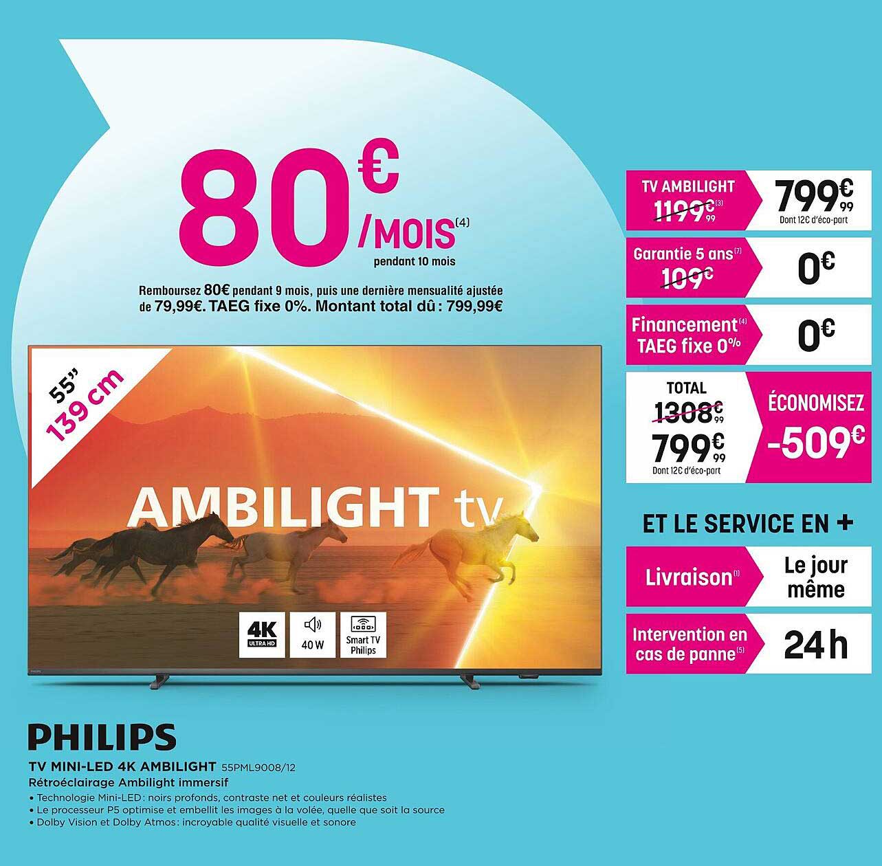 Promo Tv Mini-led 4k Ambilight 55" 139 Cm Philips chez Pulsat ...