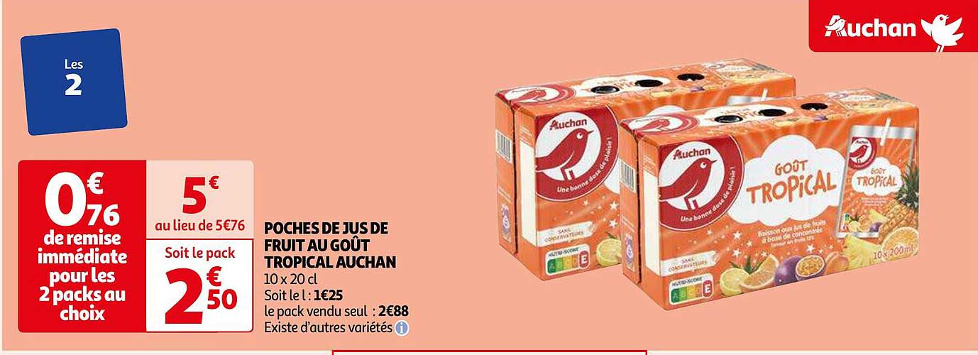 Promo Poches De Jus De Fruit Au Goût Tropical Auchan chez Auchan ...