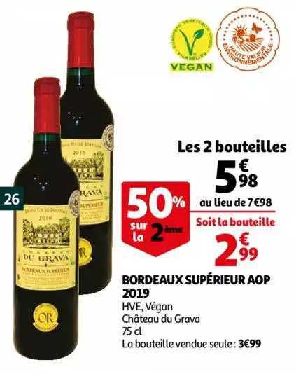 Promo Bordeaux Supérieur Aop 2019 Hve, Végan Château Du Grava chez Auchan - iCatalogue.fr