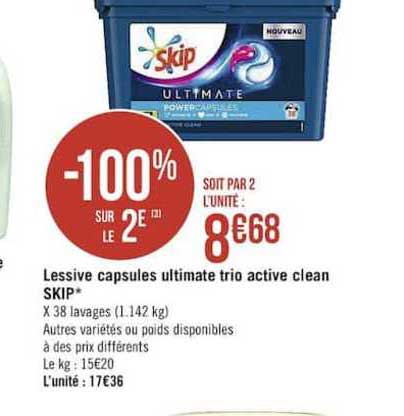Promo Lessive Capsules Ultimate Trio Active Clean Skip -100% Sur Le 2è ...