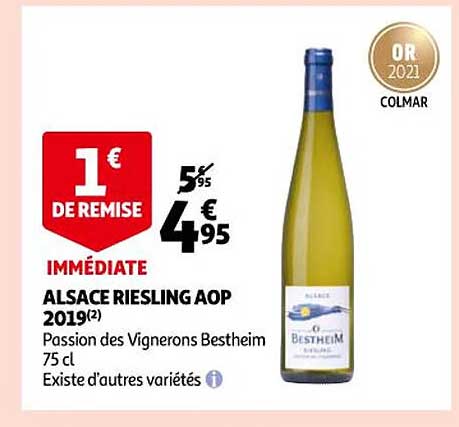 Promo Alsace Riesling Aop 2019 Passion Des Vignerons Bestheim chez Auchan - iCatalogue.fr