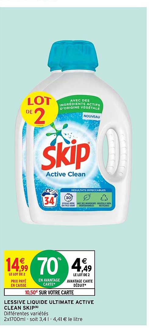 Promo Lessive Liquide Ultimate Active Clean Skip chez Intermarché ...