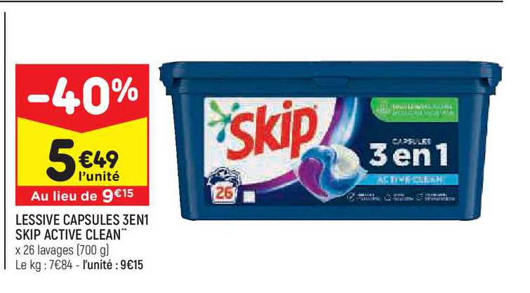 Offre Lessive Capsules 3 En 1 Skip Active Clean chez Leader Price