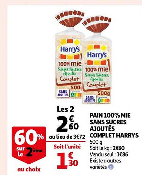 Promo Pain 100% Mie Sans Sucres Ajoutés Complet Harrys chez Auchan ...
