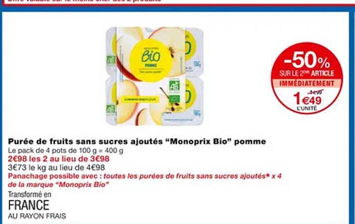 Promo Purée De Fruits Sans Sucres Ajoutés "monoprix Bio" Pomme chez ...