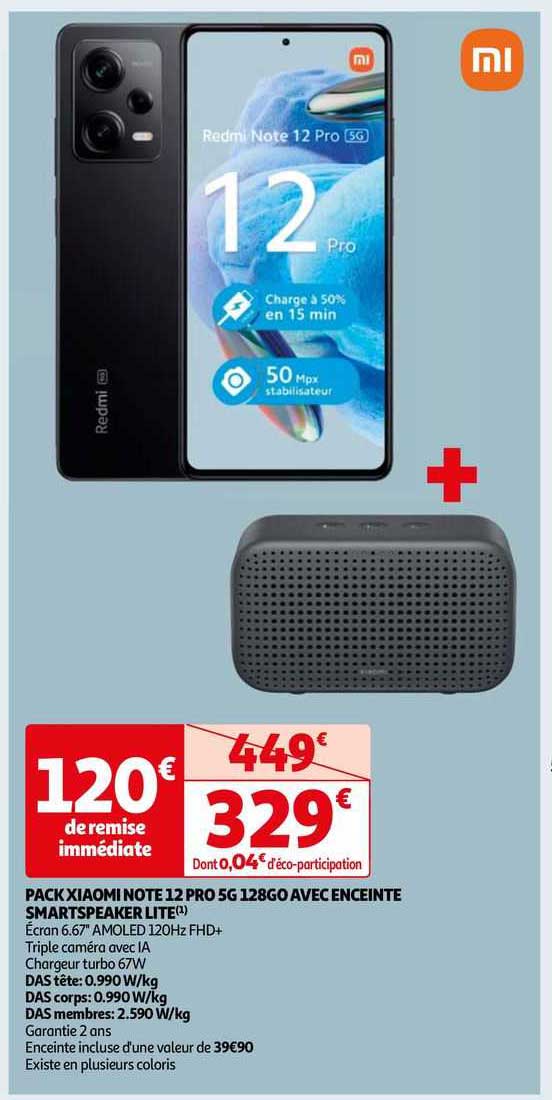 Promo Pack Xiaomi Note 12 Pro 5g 128go Avec Enceinte Smartspeaker Lite chez Auchan - iCatalogue.fr